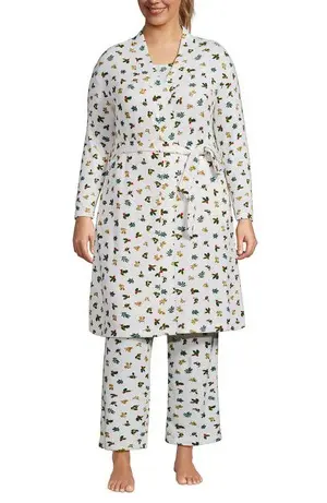 LANDS' END Brushed Cozy Waffle Jersey 3 Piece Pajama Settank Top Pant And Robe - Ivory Holly