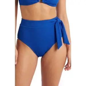 CHANGE OF SCENERY Side Tie High Waist Bikini Bottom With Full Coverage - Royal Blue Texture