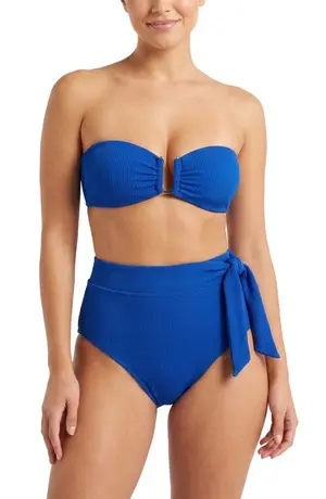 CHANGE OF SCENERY Side Tie High Waist Textured Bikini Bottom - Royal Blue Texture