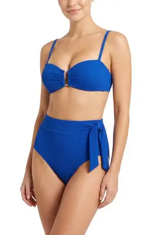 CHANGE OF SCENERY Side Tie High Waist Textured Bikini Bottom - Royal Blue Texture