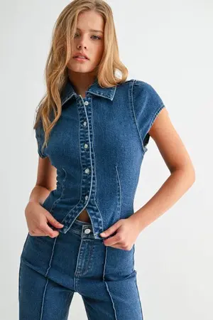 JEMINA DENIM Fitted Short Sleeve Shirt