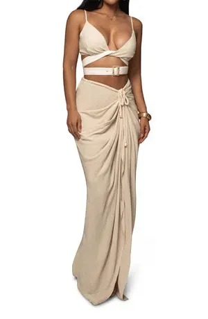 JLUXLABEL Noelia Slit Cotton & Linen Maxi Skirt - Beige