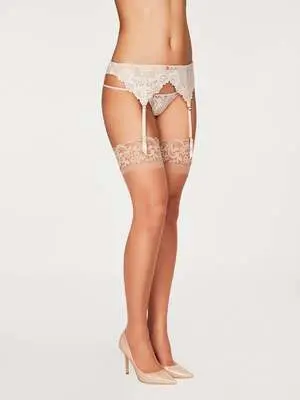 Frederick's Of Hollywood Emmy Scalloped Lace Thigh High Stockings - Nude