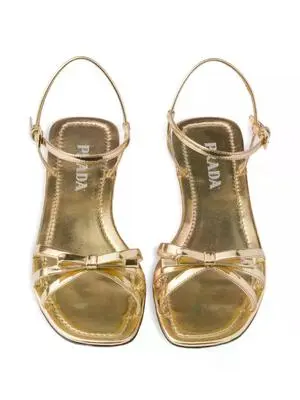 Prada Metallic Leather Flat Sandals With Bow Detailing - Gold