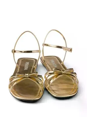 Prada Metallic Leather Flat Sandals With Bow Detailing - Gold