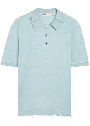 Tory Burch Distressed Silk-blend Polo Top - Light Blue