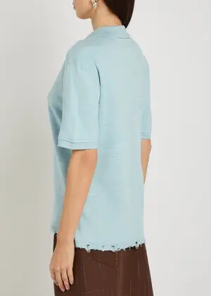 Tory Burch Distressed Silk-blend Polo Top - Light Blue