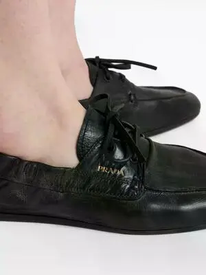 Prada Antiqued Leather Boat Shoes - Black