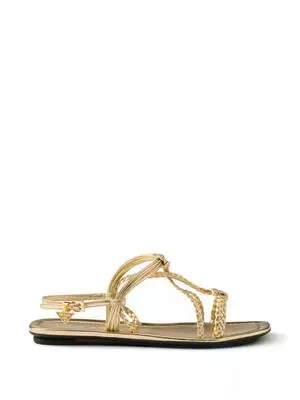 Prada Flat Braided Nappa Leather Sandals With Triangle Logo - Gold