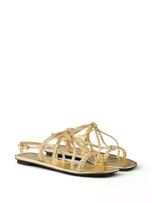 Prada Flat Braided Nappa Leather Sandals With Triangle Logo - Gold