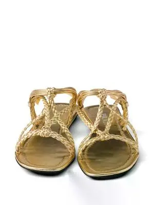 Prada Flat Braided Nappa Leather Sandals With Triangle Logo - Gold