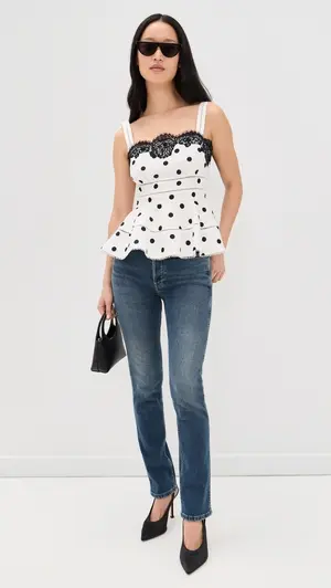SELF-PORTRAIT Polka Dot Lace Trim Peplum Top