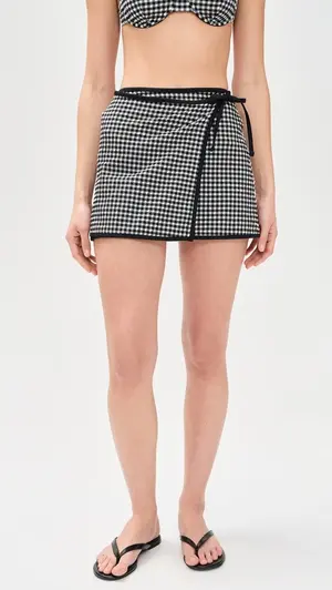 Onia Mini Wrap Skirt With Gingham Check Pattern And Tie Waist - Black/white