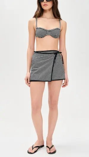 Onia Mini Wrap Skirt With Gingham Check Pattern And Tie Waist - Black/white