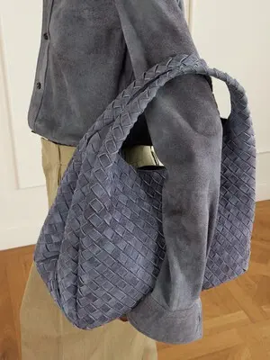 Bottega Veneta Campana Large Intrecciato Suede Shoulder Bag - Blue