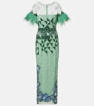 LA FUORI Embellished Feather-trimmed Gown