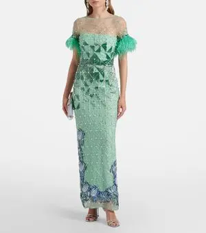 LA FUORI Embellished Feather-trimmed Gown