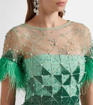 LA FUORI Embellished Feather-trimmed Gown