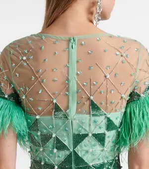 LA FUORI Embellished Feather-trimmed Gown