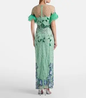 LA FUORI Embellished Feather-trimmed Gown