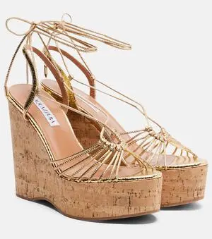 AQUAZZURA Ritmo Metallic Leather Wedge Sandals
