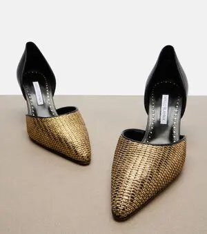 Manolo Blahnik Taylerbinu Leather-trimmed Woven Pumps