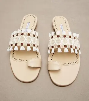 Manolo Blahnik Brava Raffia-trimmed Leather Sandals - Beige