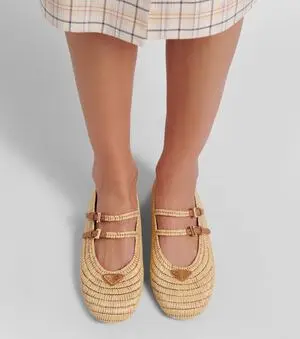 Prada Crochet Leather-trimmed Mary Jane Flats - Beige