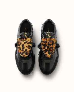DUKE + DEXTER Plus Duke Leather And Suede Sneakers With Detachable Leopard Print Pony Hair Tongues - Black
