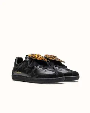 DUKE + DEXTER Plus Duke Leather And Suede Sneakers With Detachable Leopard Print Pony Hair Tongues - Black