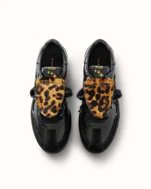 DUKE + DEXTER Plus Duke Leather And Suede Sneakers With Detachable Leopard Print Pony Hair Tongues - Black