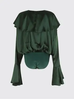 Norma Kamali Ruffled Satin Bodysuit Blouse - Emerald