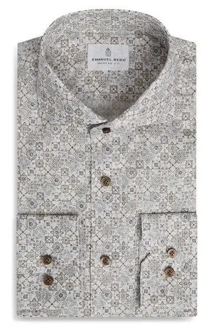 EMANUEL BERG Modern Fit Dobby Cotton Dress Shirt - Beige