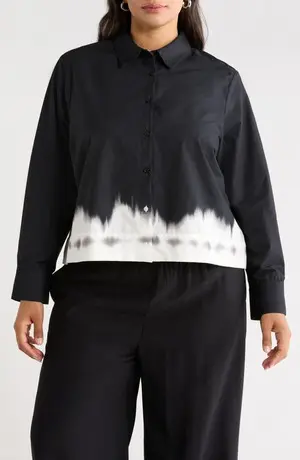 Halogen Stripe Crop Cotton Poplin Button-up Shirt - Rich Black