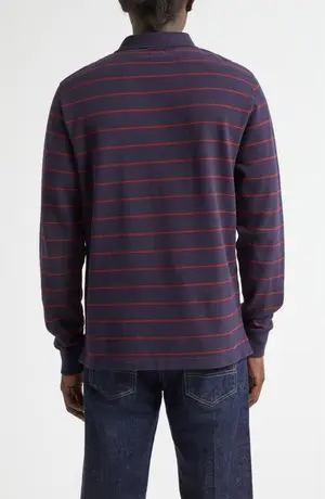NOAH Stripe Long Sleeve Cotton Piqué Polo - Navy/red