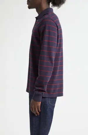 NOAH Stripe Long Sleeve Cotton Piqué Polo - Navy/red