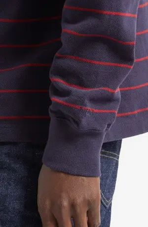 NOAH Stripe Long Sleeve Cotton Piqué Polo - Navy/red