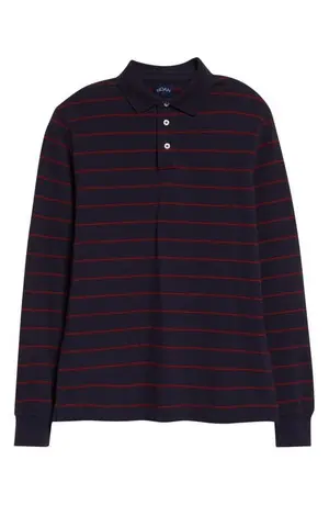 NOAH Stripe Long Sleeve Cotton Piqué Polo - Navy/red
