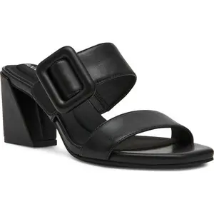 Anne Klein Buckle Strap Block Heel Sandals - Black Smooth
