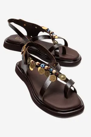 FOREVER & ALWAYS SHOES Hush Beaded Leather Sandal - Brown