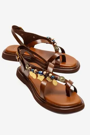 FOREVER & ALWAYS SHOES Hush Beaded Leather Sandal - Cognac