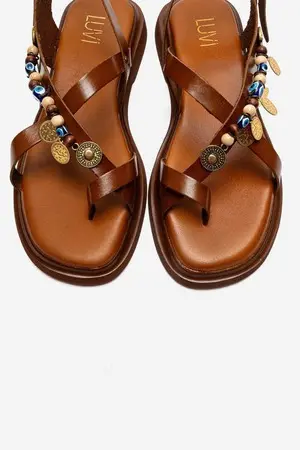FOREVER & ALWAYS SHOES Hush Beaded Leather Sandal - Cognac