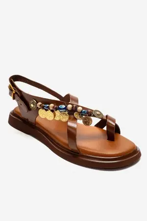 FOREVER & ALWAYS SHOES Hush Beaded Leather Sandal - Cognac