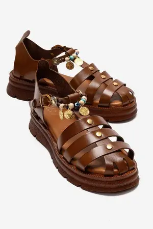 FOREVER & ALWAYS SHOES Solis Leather Beaded Sandal - Cognac