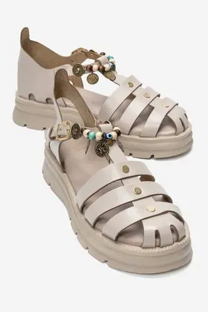 FOREVER & ALWAYS SHOES Solis Leather Beaded Sandal - Cream