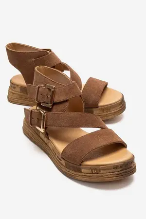 FOREVER & ALWAYS SHOES Leather Double Buckle Platform Sandals - Cognac Suede