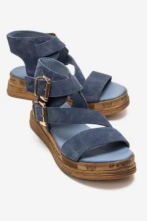FOREVER & ALWAYS SHOES Leather Double Buckle Platform Sandals - Demin Blue Suede