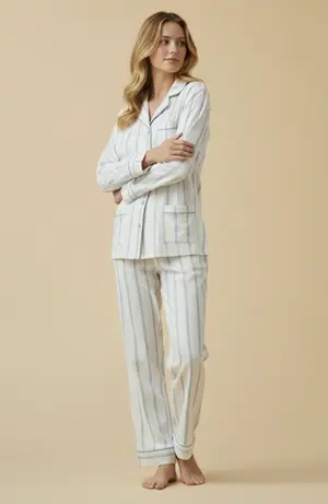 KIP Luxe Stretch Cotton Striped Pajama Set - Blue