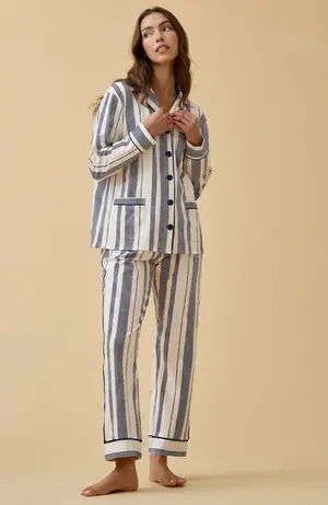 KIP Luxe Stretch Cotton Striped Pajama Set - Midnight Blue