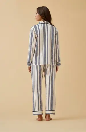 KIP Luxe Stretch Cotton Striped Pajama Set - Midnight Blue